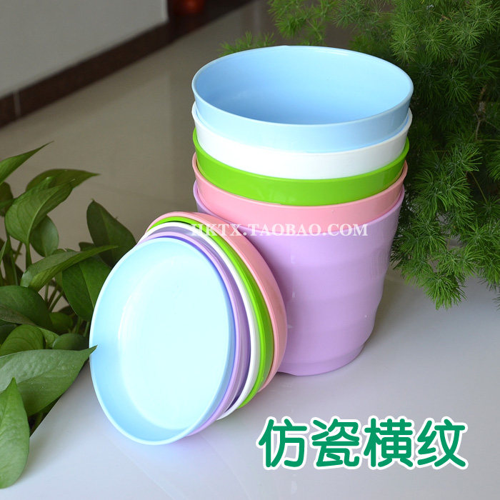 仿瓷横纹塑料花盆亮面圆形树脂大中小家庭园艺阳台桌面盆栽托底盘