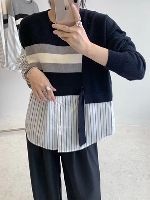 Susa素夏2024早秋新款港风长袖显瘦拼色条纹假两件女衬衫88698