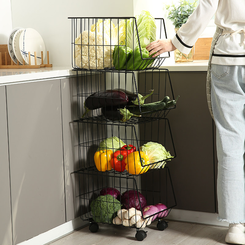 厨房蔬菜置物架菜架子多层落地蔬果收纳筐水果收纳架家用菜篮带轮_虎窝淘