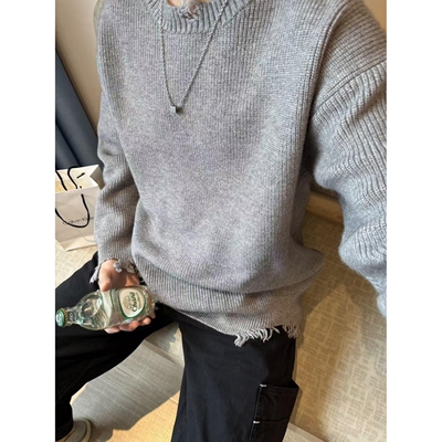 灰色破坏风毛衣男秋冬季潮牌痞帅慵懒cleanfit宽松内搭针织打底衫