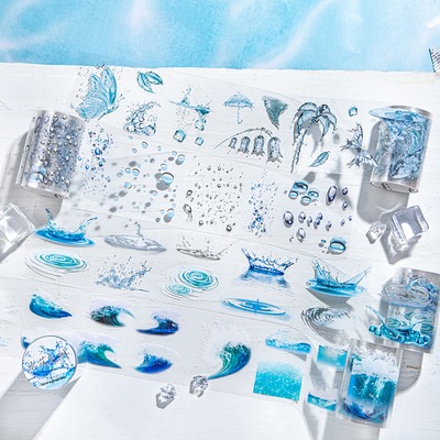 水的形状系列浪花水波纹模切PET胶带 海浪涟漪水珠泡泡手帐贴纸