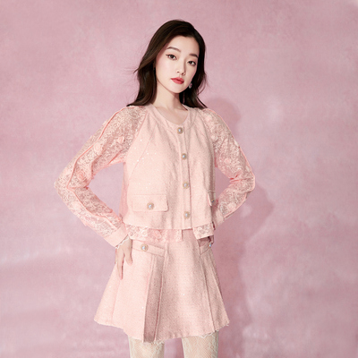 【限时直降】伊华欧秀蕾丝气质优雅粉色小香风时尚套装51WTZ5028