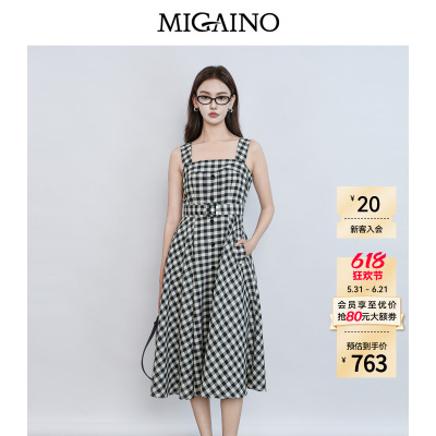 Migaino曼娅奴女装2026夏季新款黑白格收腰复古连衣裙MQ22DD063