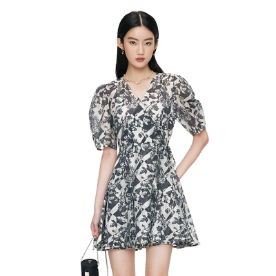 Migaino优雅艺术印花小个子A字裙