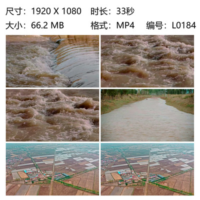 河套黄河浑浊水流奔涌淹没道路农田村庄鸟瞰古树夕阳小桥两岸水渠