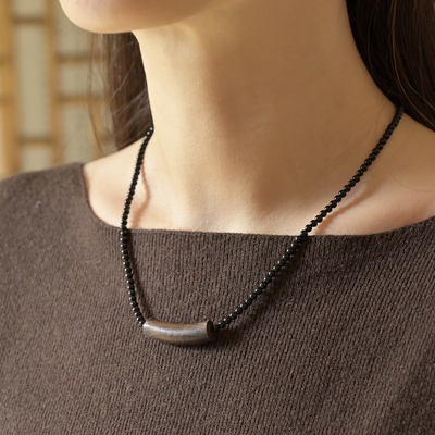 异木石行沉香木弯型吊坠项链项坠黑玛瑙链子文艺复古个性男女同款