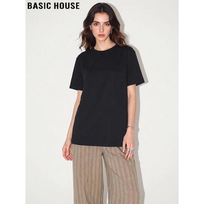 百家好宽松休闲黑色圆领短袖T恤