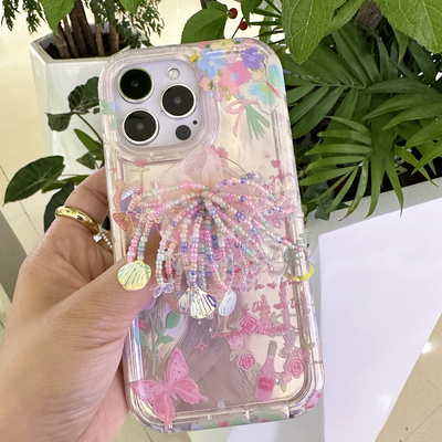 TRstudio幻彩蝴蝶玫瑰花印花手机壳流苏撒花彩色串珠幻彩贝壳支架适用于iphone15pro14可爱少女心母贝ins粉色