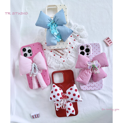 TRstudio原创设计少女心蝴蝶结手机壳充棉蝴蝶结装饰串珠亮片挂饰支架壳适用于iphone16promax15手作流苏配饰