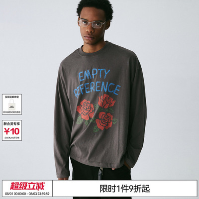 EMPTY REFERENCE 碳灰色手绘斑驳玫瑰印花雪花棉宽松上衣长袖T恤