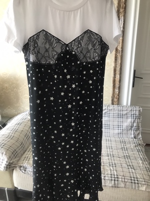 欧洲站高品质夏季新品拼接真丝蕾丝星星印花棉质鱼尾边连衣裙