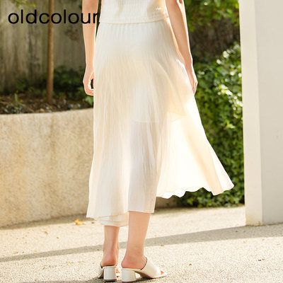 oldcolour夏季新款赫本风高腰垂感百褶半身裙显瘦中长裙Q21061171