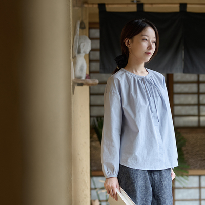 圆领系带微落肩宽松衬衫
