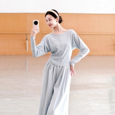 现代舞秋冬蝙蝠袖上衣一字领收腰显瘦练功服中国古典舞瑜伽日常穿