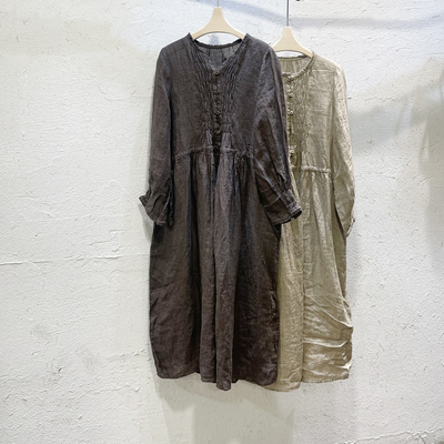 复古文艺连衣裙亚麻纯色