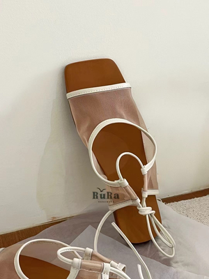 RuRa2025夏季新款设计感网纱绑带凉鞋方头透视雅致性感露趾凉鞋