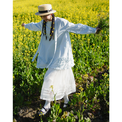 蓝色水洗棉连衣裙古苔基础显瘦裙