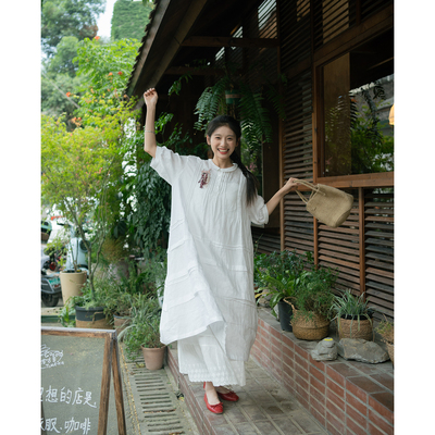 古苔100亚麻连衣裙日系文艺袍子