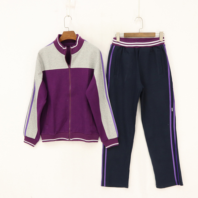 腰部紫白条拼色斜插口袋休闲裤