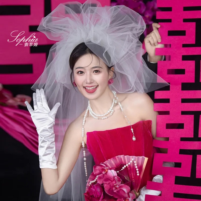 2024新款高级感婚礼蓬蓬头纱白色领证跟妆摄影新娘头饰结婚配件套
