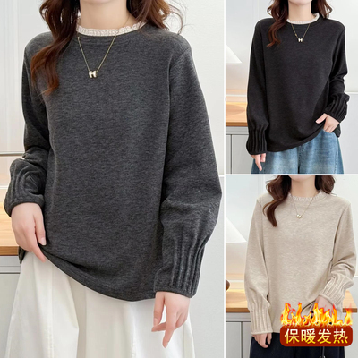 胖妹妹新款2025冬装大码绒衫圆领蕾丝拼接纯色中年袖口捏褶上衣女