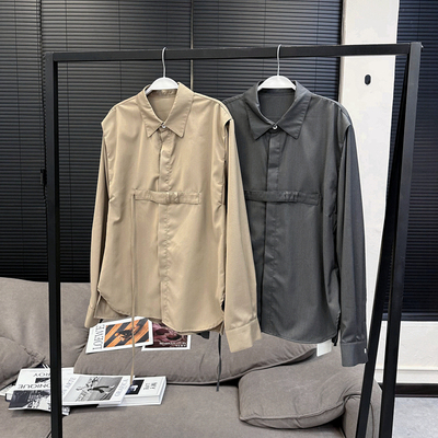 飘带插肩设计长袖衬衫隐藏扣