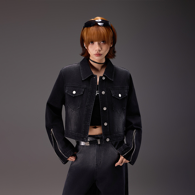拓谷机械风短款牛仔外套女