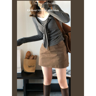 毛丽小四郎【夹心甜点】松弛韩系简约百搭假两件披肩长袖T恤女秋