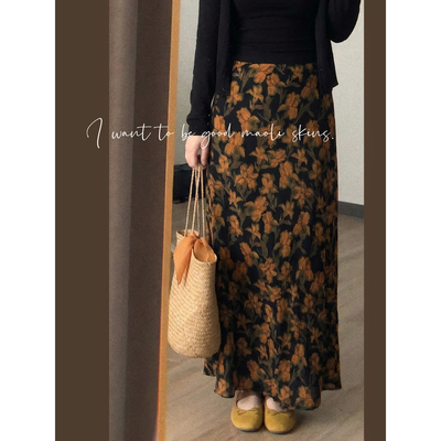 毛丽小四郎 法式度假风复古印花半身裙女高腰显瘦长裙优雅半裙