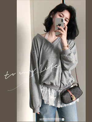 毛丽小四郎【蕾丝拼接】解锁随性日常 慵懒韩系氛围感v领卫衣女