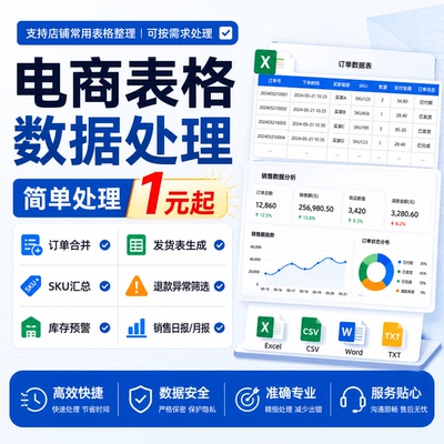 电商表格数据处理订单合并发货表生成SKU汇总退款筛选库存预警Pro