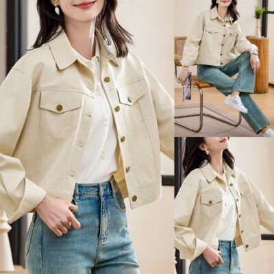 秋季新款2025翻领长袖米白色外套女设计感工装外穿小个子夹克上衣