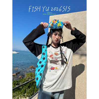 FISH YU -上新韩系春日童趣萌宠涂鸦印花插肩袖长袖T防晒衫26065