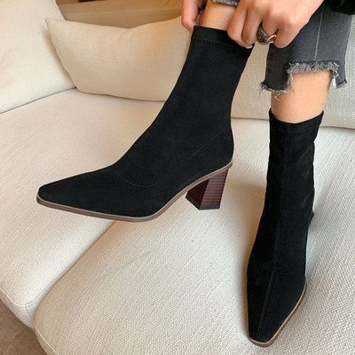 小方头瘦瘦靴粗跟短靴法式