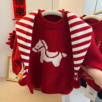 亲子儿童毛衣红色小马过年拜年服