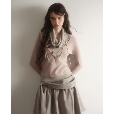 今日艺术家原创粉雾灰色少女堆堆领拼接假两件珠花针织衫上衣