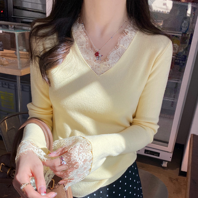【黄色V领蕾丝打底衫】韩系穿搭