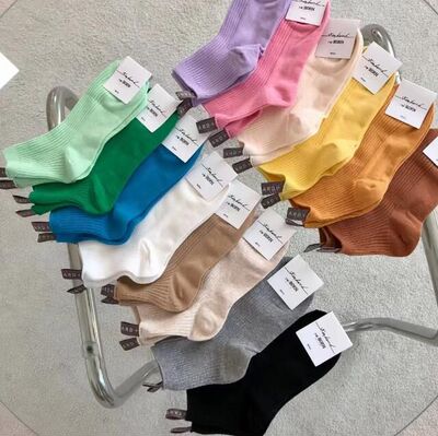 韩国东大门REBORN纯色螺纹后跟字母标短袜夏季薄款女