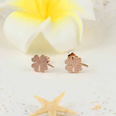 韩国韩版气质时尚14K玫瑰金磨沙四叶草耳钉耳环女耳环防过敏饰品