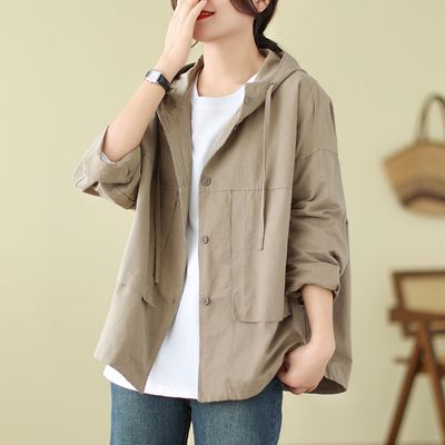 折扣秋季新款文艺宽松休闲洗水棉纯色连帽短外套长袖韩版纯色简约