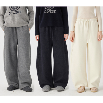 简约高腰阔腿裤女米白色宽松直筒