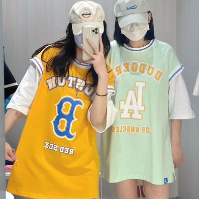 MLB男女假两件宽松运动休闲T恤