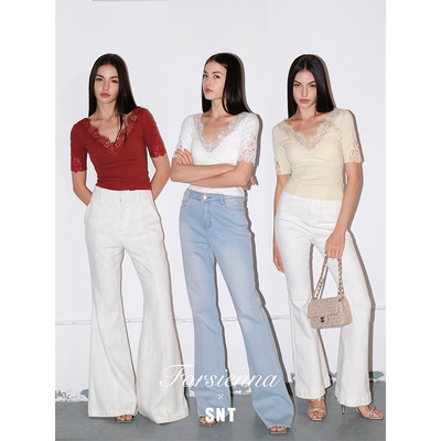 SNT【彩虹糖】红/黄/白三色 精致蕾丝拼接大V领修身上衣