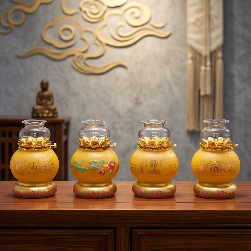 供佛珐琅彩琉璃酥油灯座底座家用长明灯供奉防风玻璃供佛莲花油灯