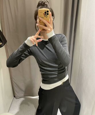 ZA秋季新款基础款打底衫修身长袖罗纹T恤上衣4424800 802