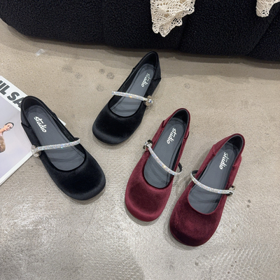 5037-10春季新品女绒面一字带水钻圆头内增高复古小单鞋欧美风潮