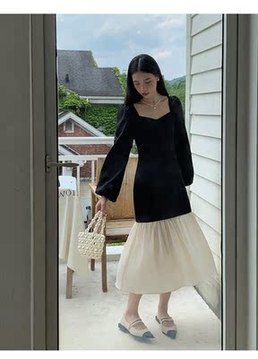 NEWOPEN日系撞色方领连衣裙女秋季新款垂感拼接淑女气质休闲长裙