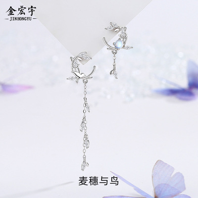 原创麦穗与鸟耳钉女纯银森系几何花环不对称流苏耳环长款气质耳坠