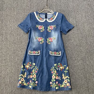 1949撤柜SD重工刺绣复古牛仔显瘦连衣裙圆领夏季新款宽松短袖裙子