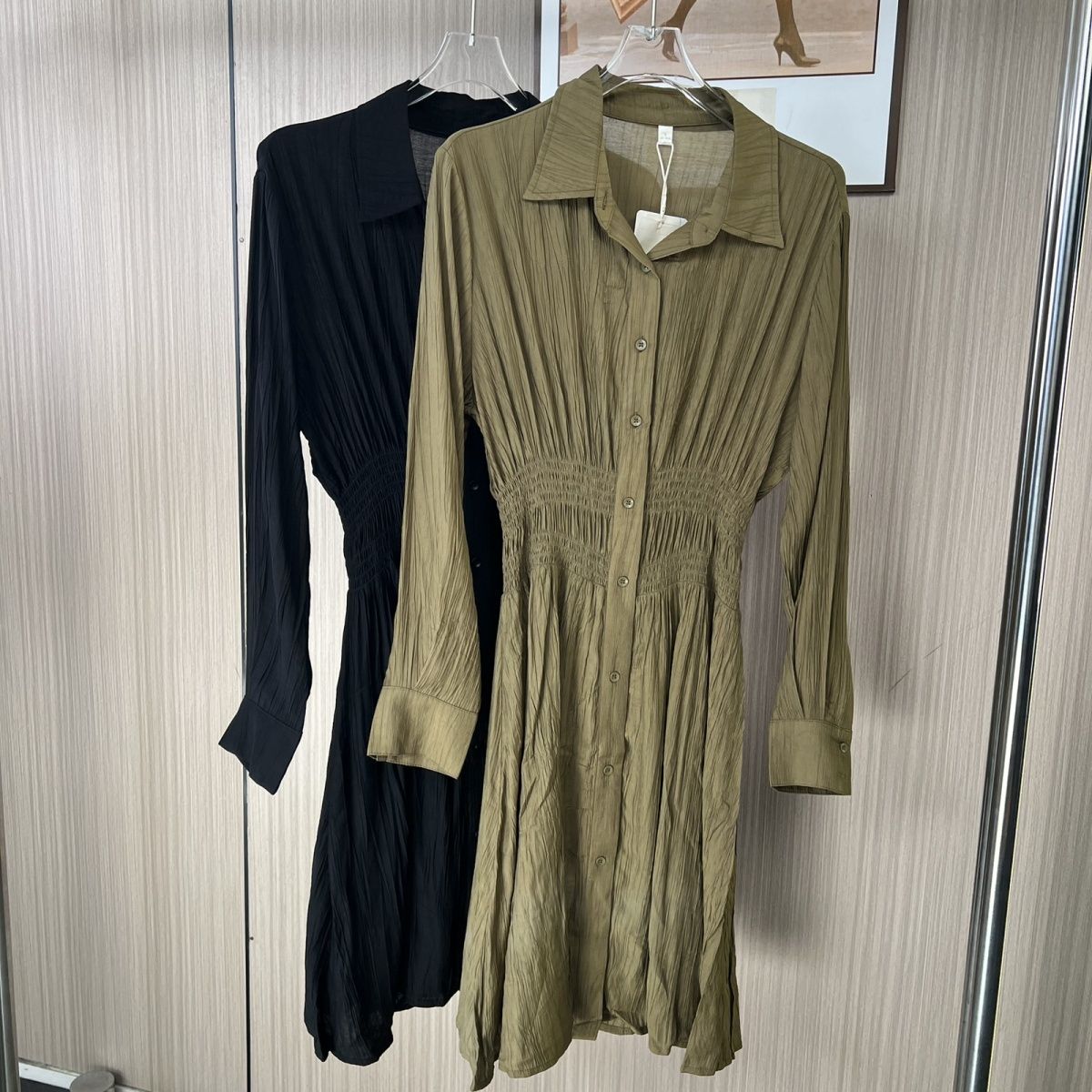 6222品牌撤柜LD春夏款长袖褶皱连衣裙女式修身版中长裙